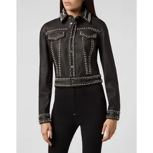 Philipp Plein Leather Jacket Studs Skull Women Black