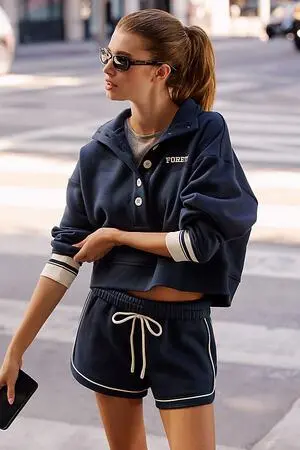FORE-TÉ Cotton Blend Cropped Varsity Sweatshirt Top - Navy
