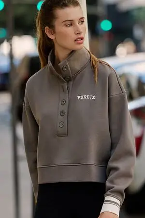 FORE-TÉ Cotton Blend Cropped Varsity Sweatshirt Top - Olive