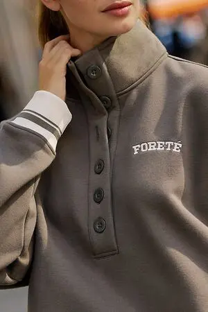 FORE-TÉ Cotton Blend Cropped Varsity Sweatshirt Top - Olive