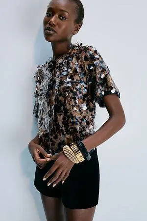 Maeve Sequed Boxy Tee - Brown Pattern