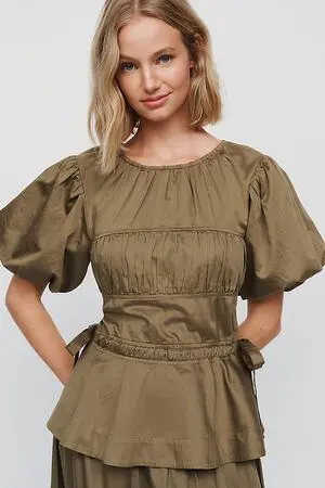 DAMSON MADDER Hadley 100% Cotton Puff Sleeve Blouse - Olive