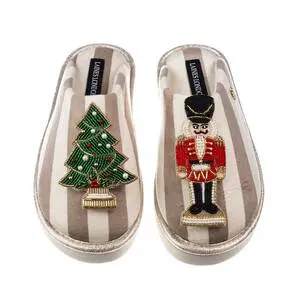 LAINES LONDON Neutrals/ Flatform Stripe Closed Toe Slippers With Christmas Tree & Nutcracker Brooches Beige - White