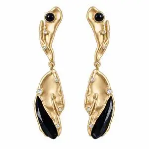 RARE MATTERS JEWELRY Sculptural Onyx Leaf Drop Earrings Cz Gold Organic Earrings - Black