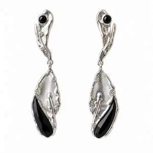 RARE MATTERS JEWELRY Sculptural Black Onyx Leaf Drop Earrings Cz Semi-matte Silver - Black/silver
