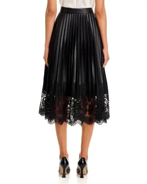 T Tahari Pleated Faux Leather & Lace Midi Skirt