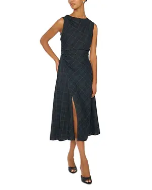 Vince Camuto Printed Pleated Shoulder Midi Dress - Deep Emerald
