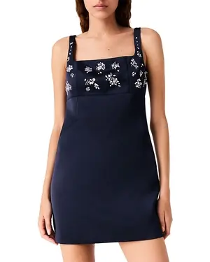 Maje Rhinestone Embroidered Square Neck Mini Dress - Navy