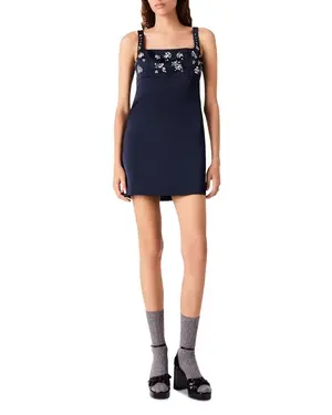 Maje Rhinestone Embroidered Square Neck Mini Dress