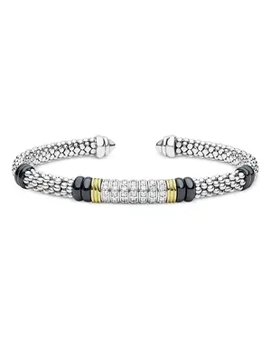 Lagos Sterling & 18k Yellow Gold Black Caviar Ceramic & Diamond Cuff Bracelet - Silver