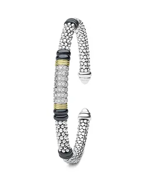 Lagos Sterling & 18k Yellow Gold Black Caviar Ceramic & Diamond Cuff Bracelet