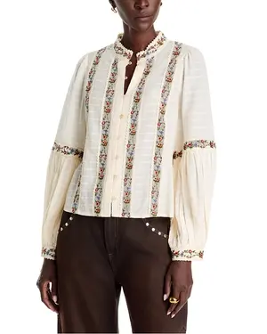 Sea Kaiya Cotton Floral Lace Band Collar Blouse - Cream