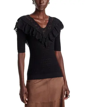 Sea Chandra Wool Ruffled Lace Trim Sweater - Black