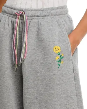 Aqua Cotton Blend Smiley Flower Sweatpants Exclusive - Grey