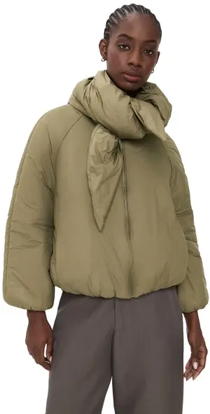 MEIMEIJ Cropped Quilted Scarf Collar Puffer Jacket - Pine