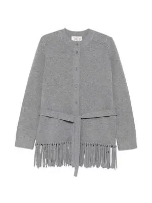 TWP Belted Fringe-trim Cardigan - Grey