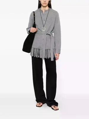 TWP Belted Fringe-trim Cardigan - Grey