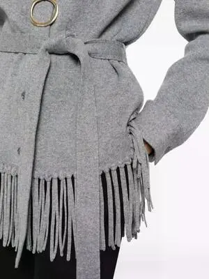 TWP Belted Fringe-trim Cardigan - Grey