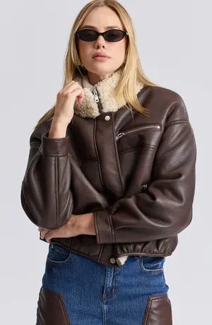 Avec Les Filles Faux Leather & Faux Shearling Cropped Jacket