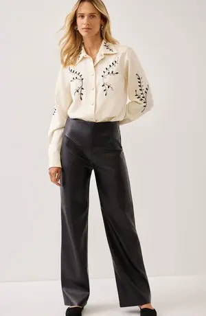 Karen Kane High Waist Pull On Wide Leg Faux Leather Pants
