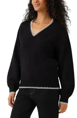 Karen Kane Varsity V-neck Contrast Stitch Sweater