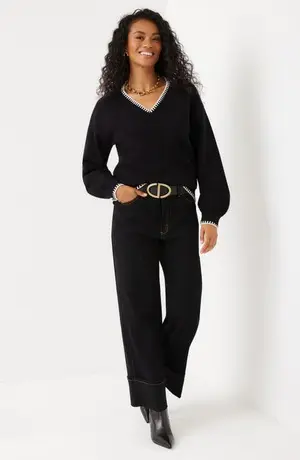 Karen Kane Varsity V-neck Contrast Stitch Sweater