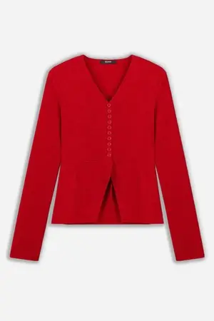 NOCTURNE Button Detail V Neck Knit Top - Red