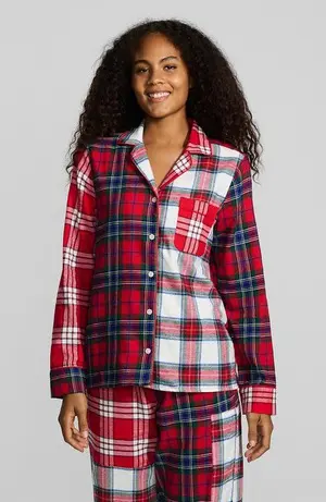 LANDS' END Long Sleeve Print Flannel Pajama Top - Compass Red Plaid Patchwork