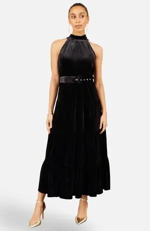 YUMI Velvet Halter Midi Dress - Black