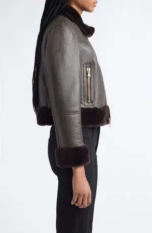 L'AGENCE Glacia Genuine Shearling Trim Leather Jacket