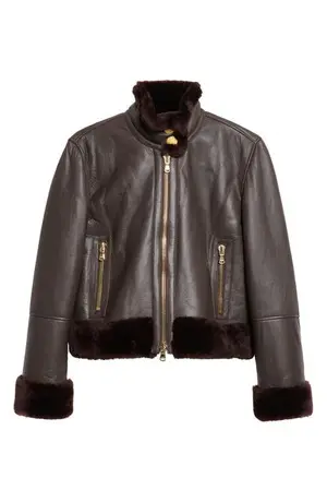 L'AGENCE Glacia Genuine Shearling Trim Leather Jacket
