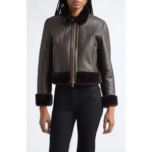 L'AGENCE Glacia Genuine Shearling Trim Leather Jacket