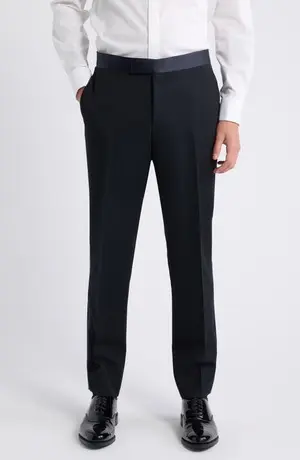 BOSS Genius Flat Front Virgin Wool Tuxedo Pants - Open Blue
