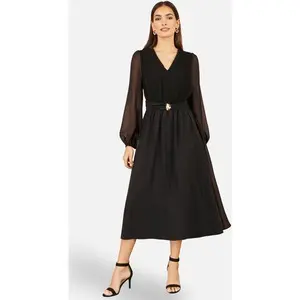 YUMI Pleated Bodice Buckle Waist Midi Dress
