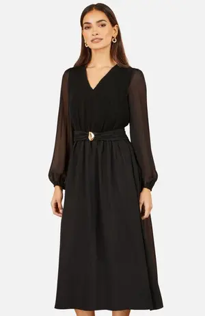YUMI Pleated Bodice Buckle Waist Midi Dress