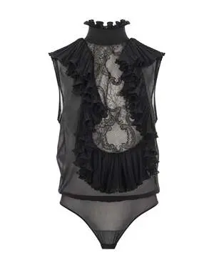 Elisabetta Franchi Sheer Lace Ruffle Bodysuit Top - Nero