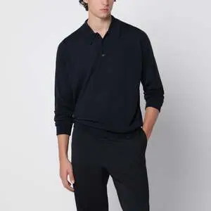 John Smedley Midnight Wool Polo Shirt With Long Sleeves