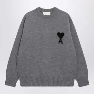 AMI Paris De Coeur Virgin Wool Crew-neck Sweater With Intarsia Logo - Grey