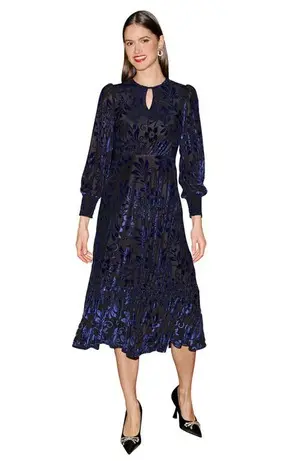 YUMI Velvet Floral Midi Dress - Blue