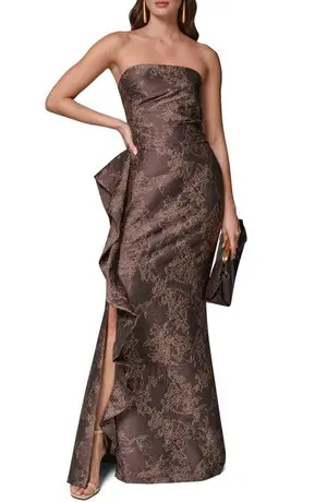 Donna Karan New York Strapless Metallic Ruffle Slit Gown