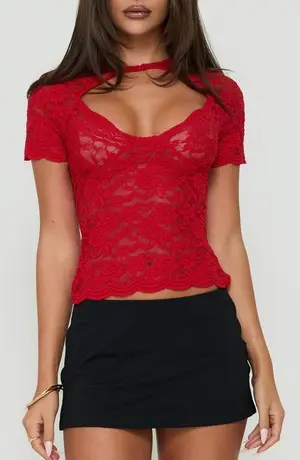 Princess Polly Cutout Lace T-shirt - Red