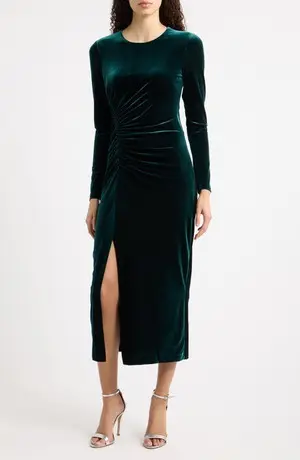 Vince Camuto Ruched Waist Long Sleeve Velvet Dress - Hunter