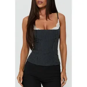Princess Polly Renaissance Pinstripe Lace Layered Crop Corset Tank - Navy Pinstripe
