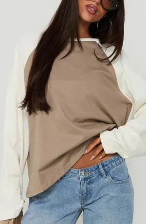 Princess Polly Settle Down Long Sleeve Raglan T-shirt - Beige Multi