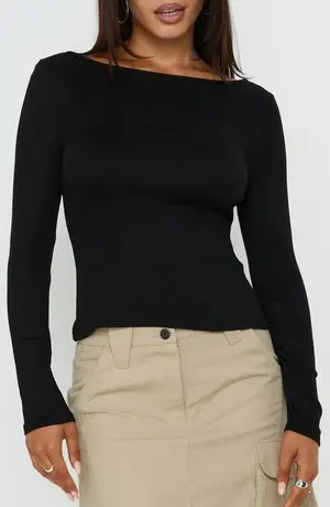 Princess Polly Long Weekends Boat Neck Semi-sheer Top - Black