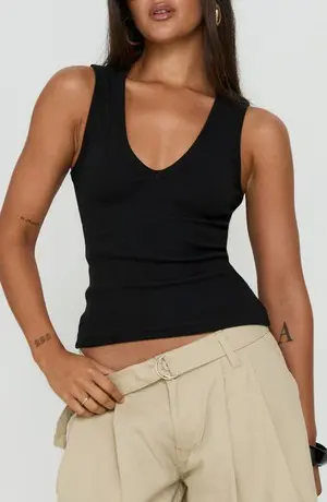 Princess Polly Baseline V-neck Rib Tank Top - Black