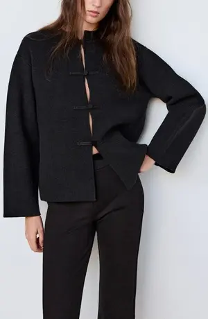 Mango Straight Cut Jacket With Frog Closures - Black