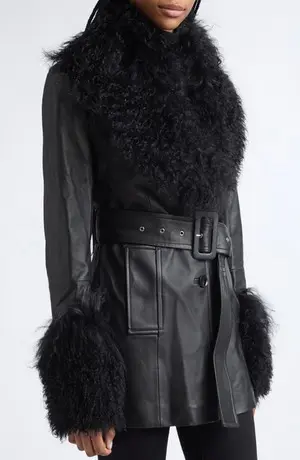 STAND STUDIO Mimmi Leather Jacket With Genuine Mongolian Shearling Trim