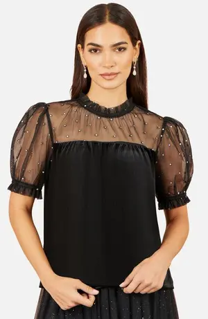 YUMI Velvet Mesh Embellished Top