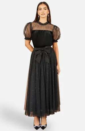 YUMI Velvet Mesh Embellished Top